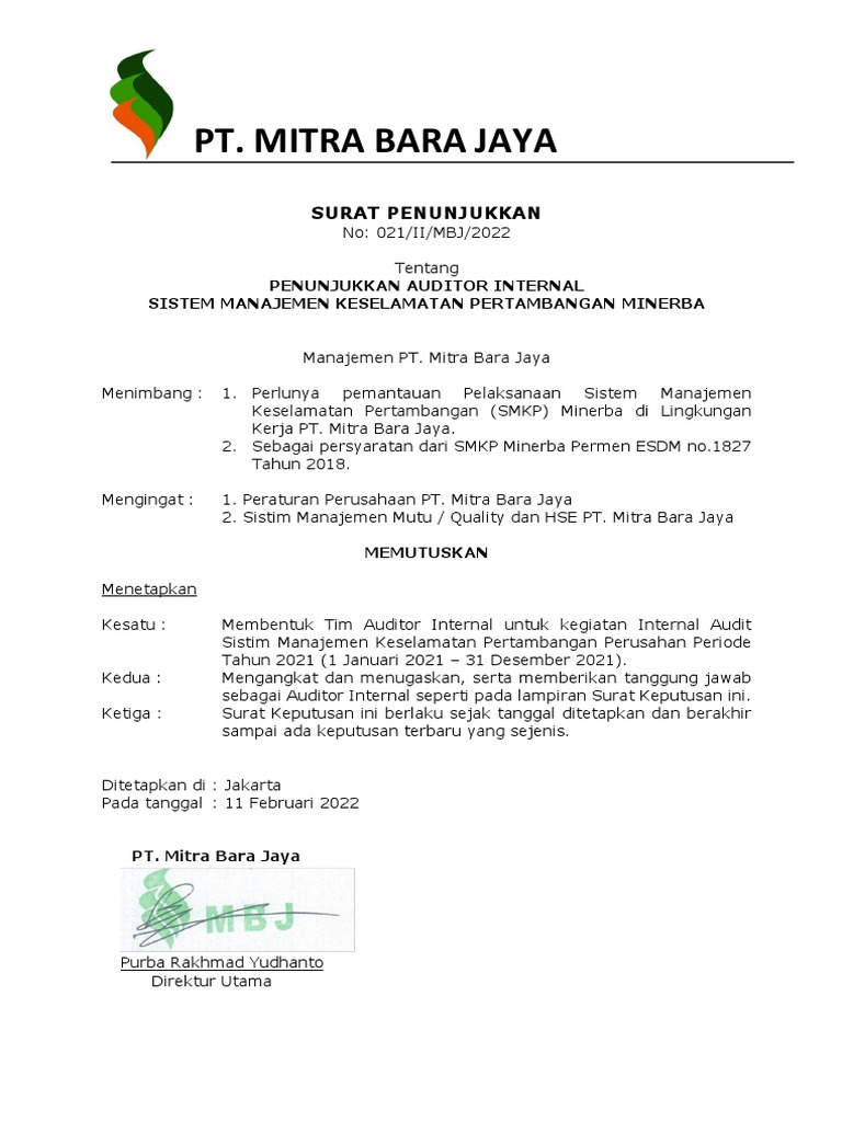 Surat Penunjukan Internal Audit SIMKP Pertambangan | PDF
