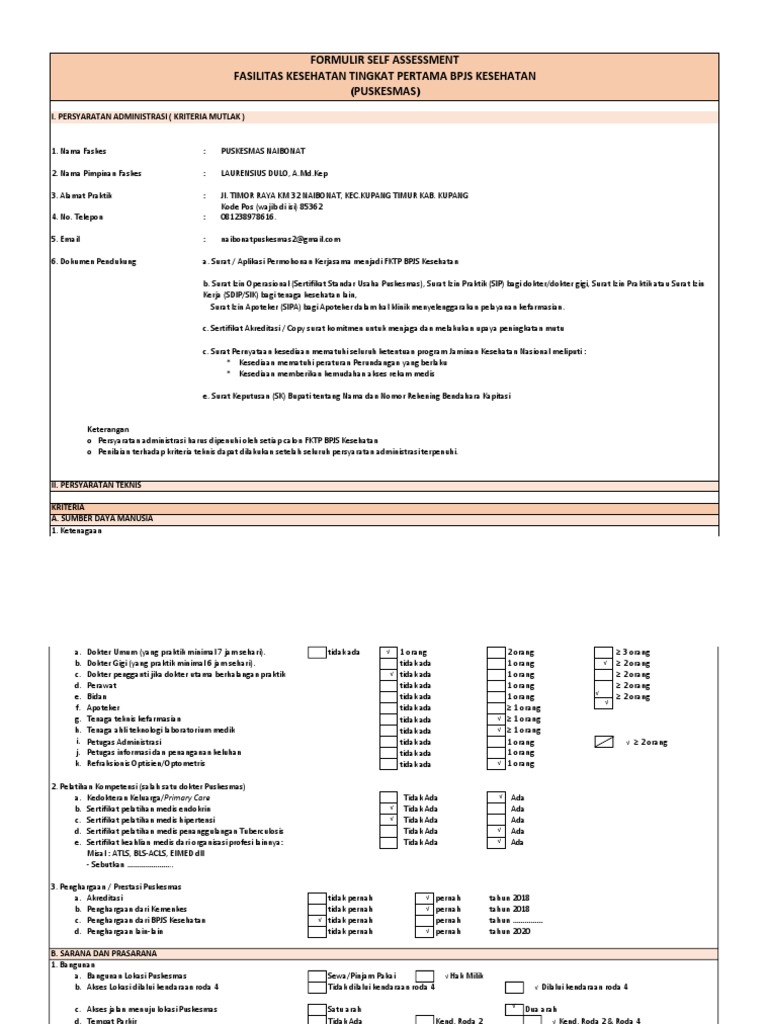 Formulir Self Assessment Pengajuan Calon FKTP Tahun 2022 PKM RJ | PDF