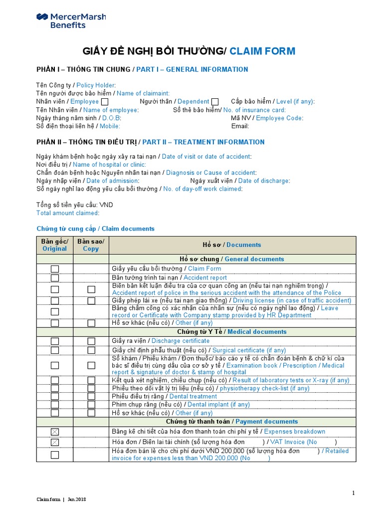 Claim Form - Giay Yeu Cau Boi Thuong | PDF
