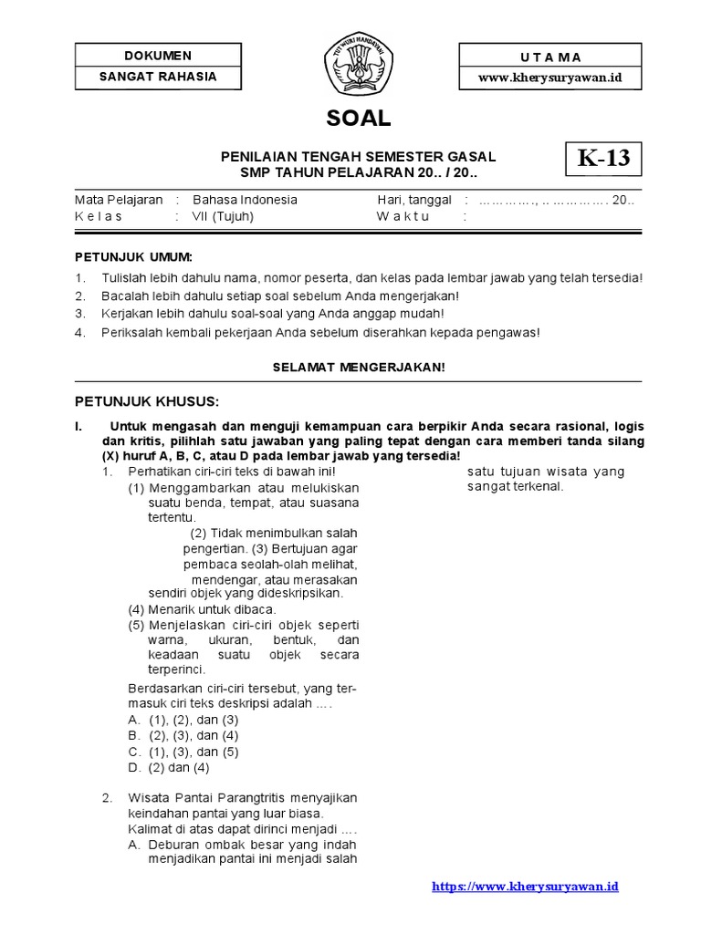 Latian Soal Pts 1 Kelas 7 | PDF