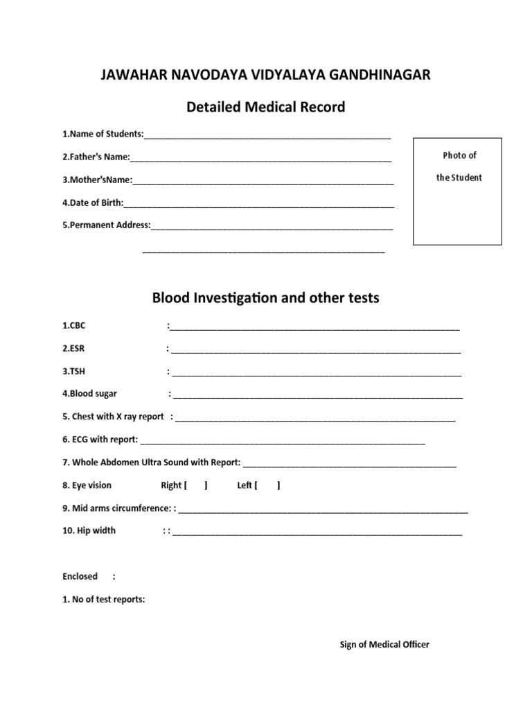 Jawahar Navodaya Vidyalaya Gandhinagar Detailed Medical Record | PDF ...