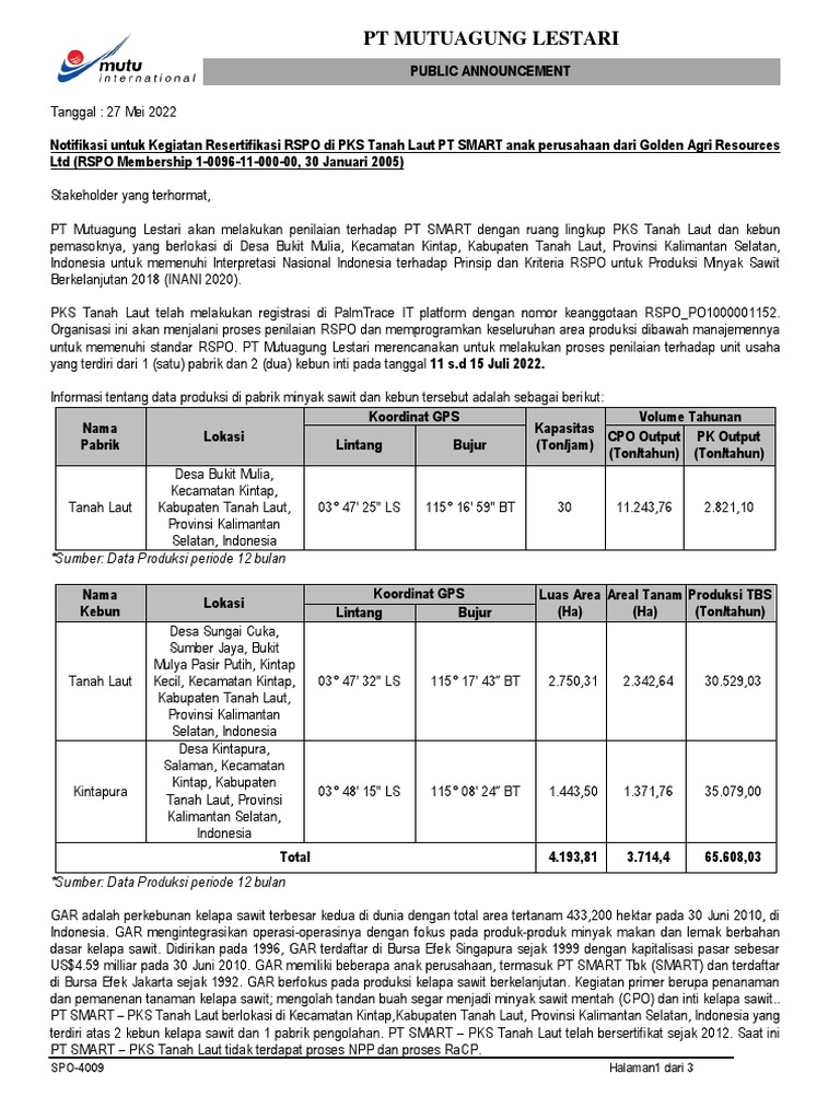 Notifikasi Penilaian RSPO Resertifikasi PKS Tanah Laut PT SMART Anak Perusahaan Dari GAR | PDF