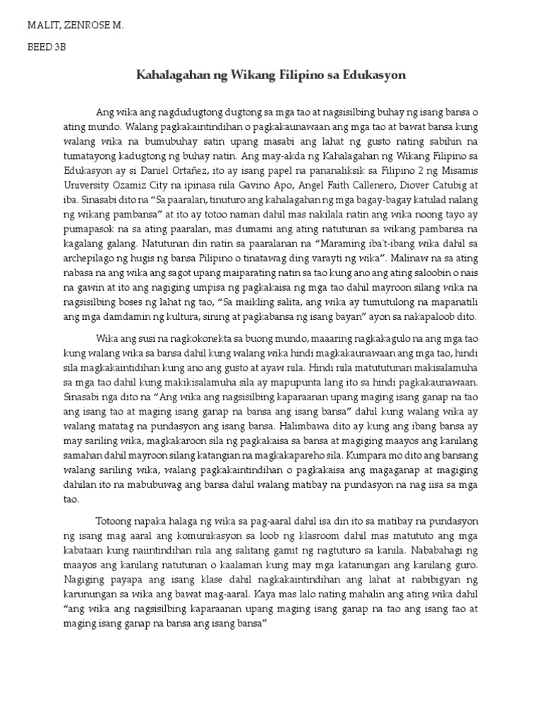 Kahalagahan NG Wikang Filipino Sa Edukasyon | PDF