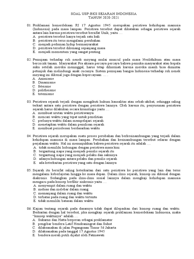 Soal Usp-Bks Sejarah Indonesia 2022 | PDF