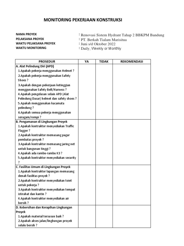 Checklist K3 Pekerjaan Konstruksi | PDF