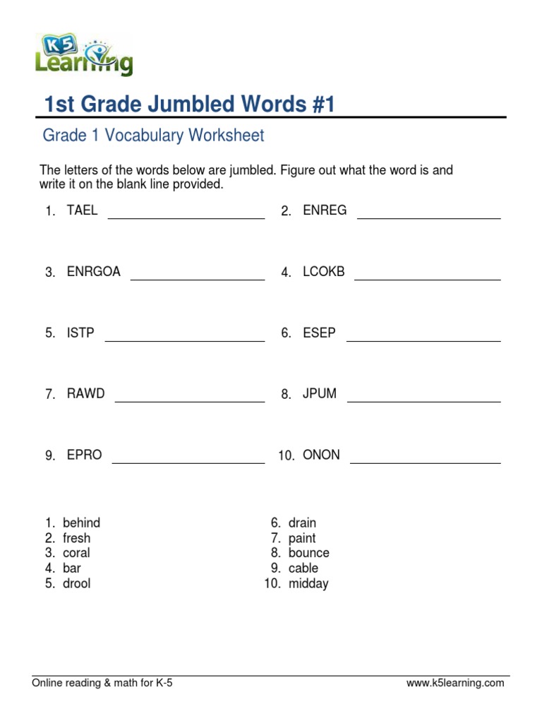 1st Grade Jumbled Words 1 | PDF | Language Arts & Discipline | Science ...