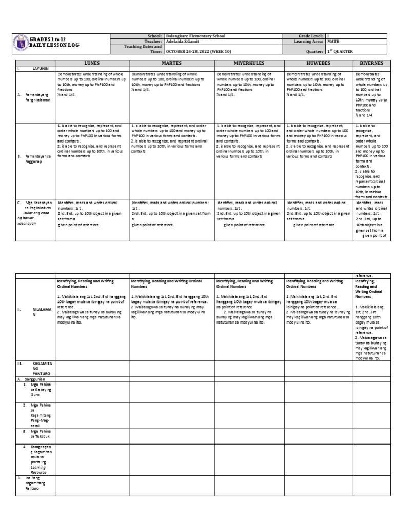DLL - Math 1 - Q1 - W10 | PDF | Differentiated Instruction