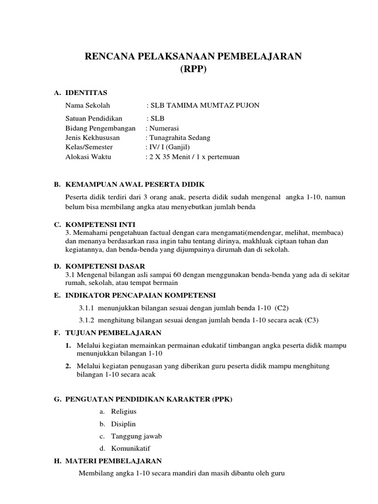 RPP Berhitung Kelas 1-10 Tunagrahita | PDF