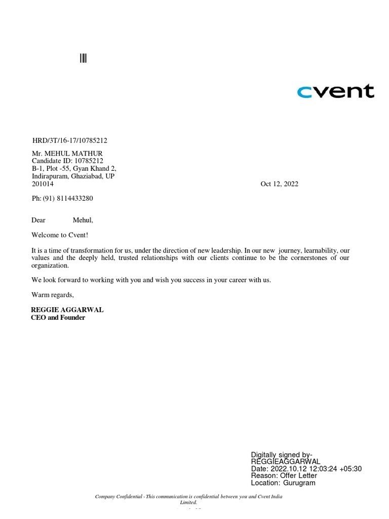 Cvent India Software Developer Offer Letter | PDF | Compensation And ...