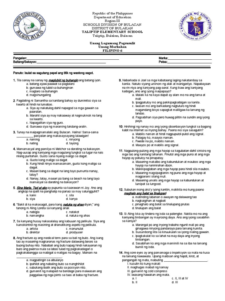 Filipino 6 - Unang Lagumang Pagsusulit | PDF