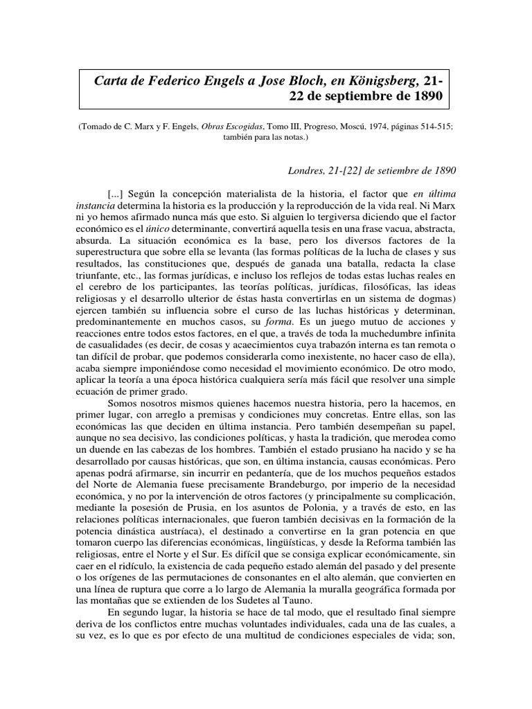 Carta de Federico Engels A Jose Bloch, en Königsberg, 21-22 de Septiembre 1890 | PDF | Friedrich ...