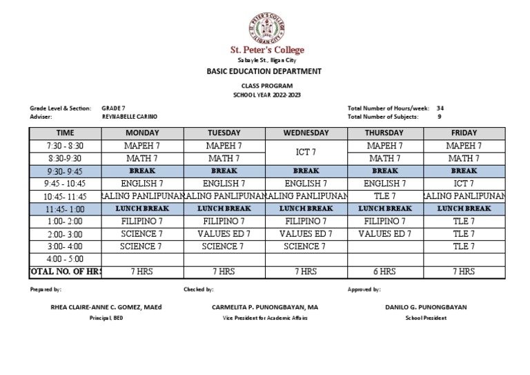 St. Peter's College Class Schedule for Grade 7 Students for the 2022 ...