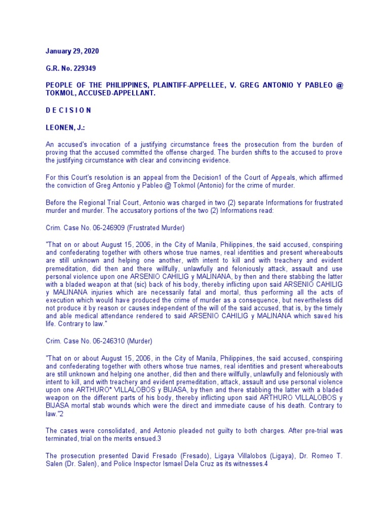 G.R. No. 229349 PP Vs GREG ANTONIO Y PABLEO at TOKMOL | PDF | Burden Of ...