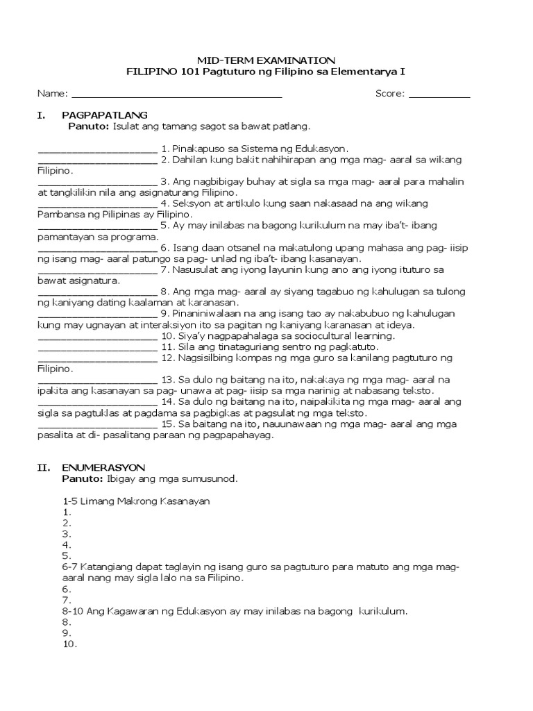 Filipino 102 Midterm Exam Oct. 2022 | PDF