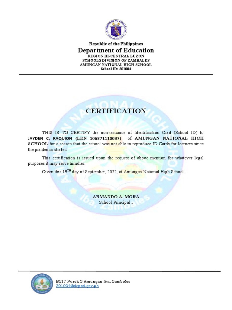 Certificate of Non Issuance of Id | PDF