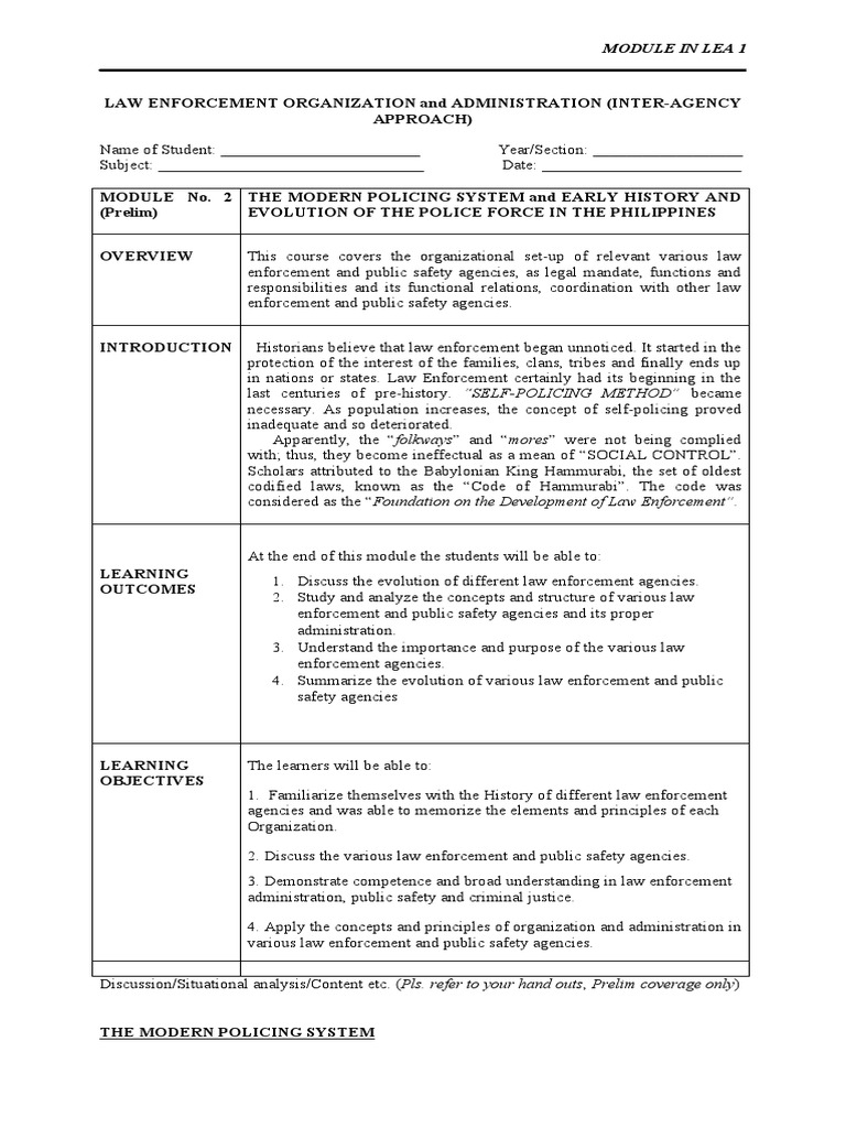 Lea 101 Module 2 (Prelim) | PDF | Police | Law Enforcement Agency
