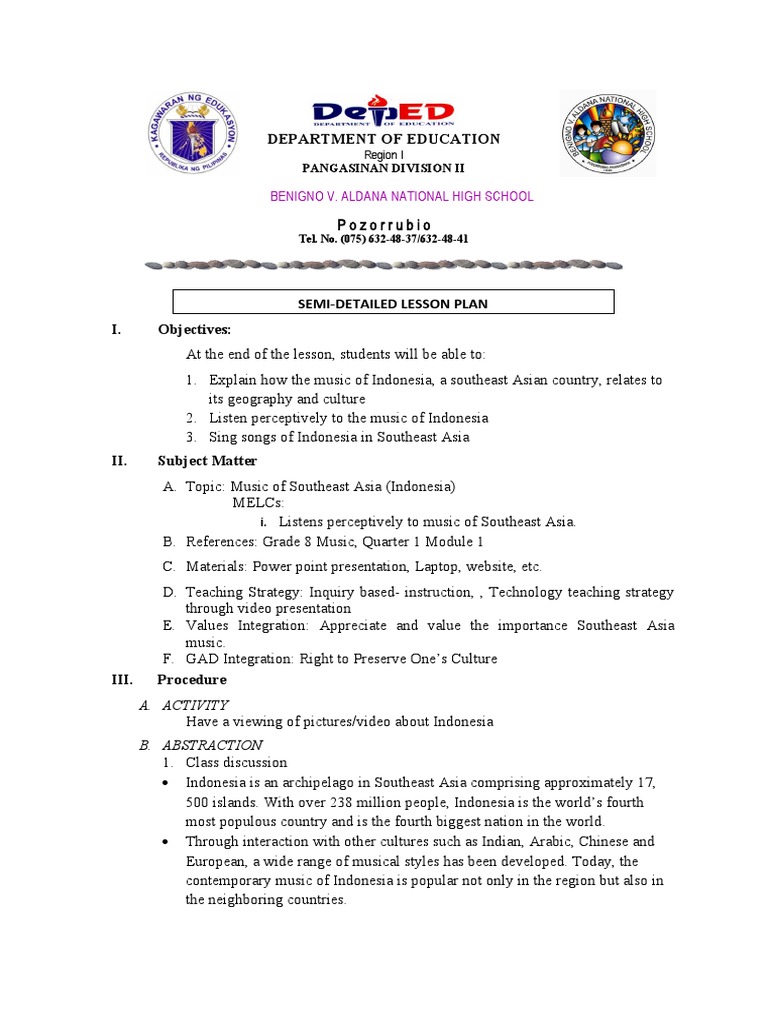 Week 1 Day 3 LP Music of Indonesia | PDF | Cognition | Learning