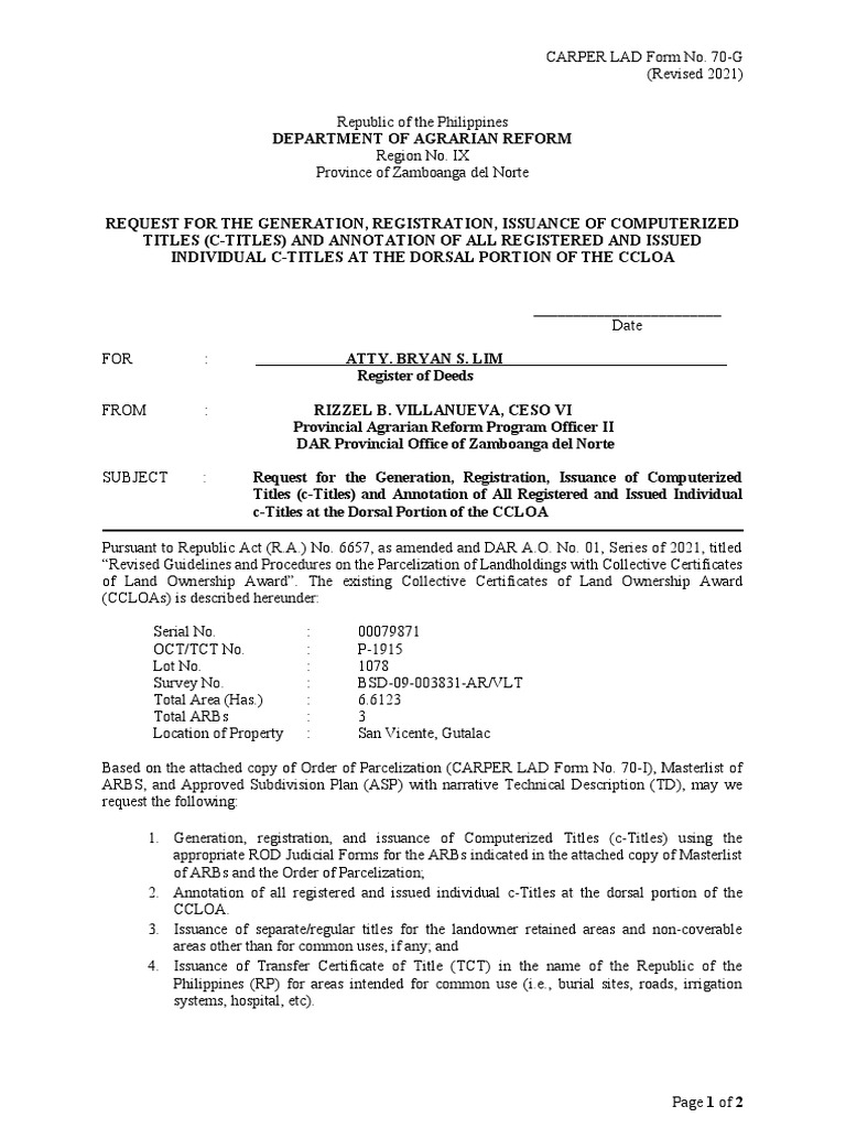 Request for Computerized Title Issuance | PDF | Common Law | Justice