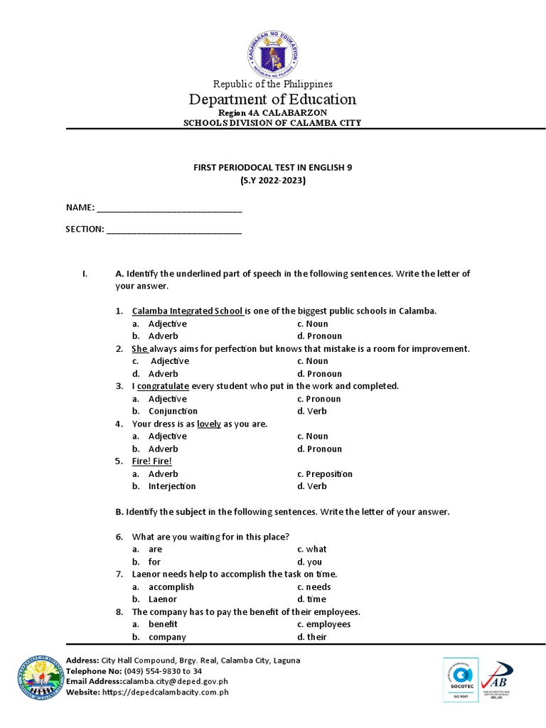 First Periodical Test in English 9: Identifying Parts of Speech ...