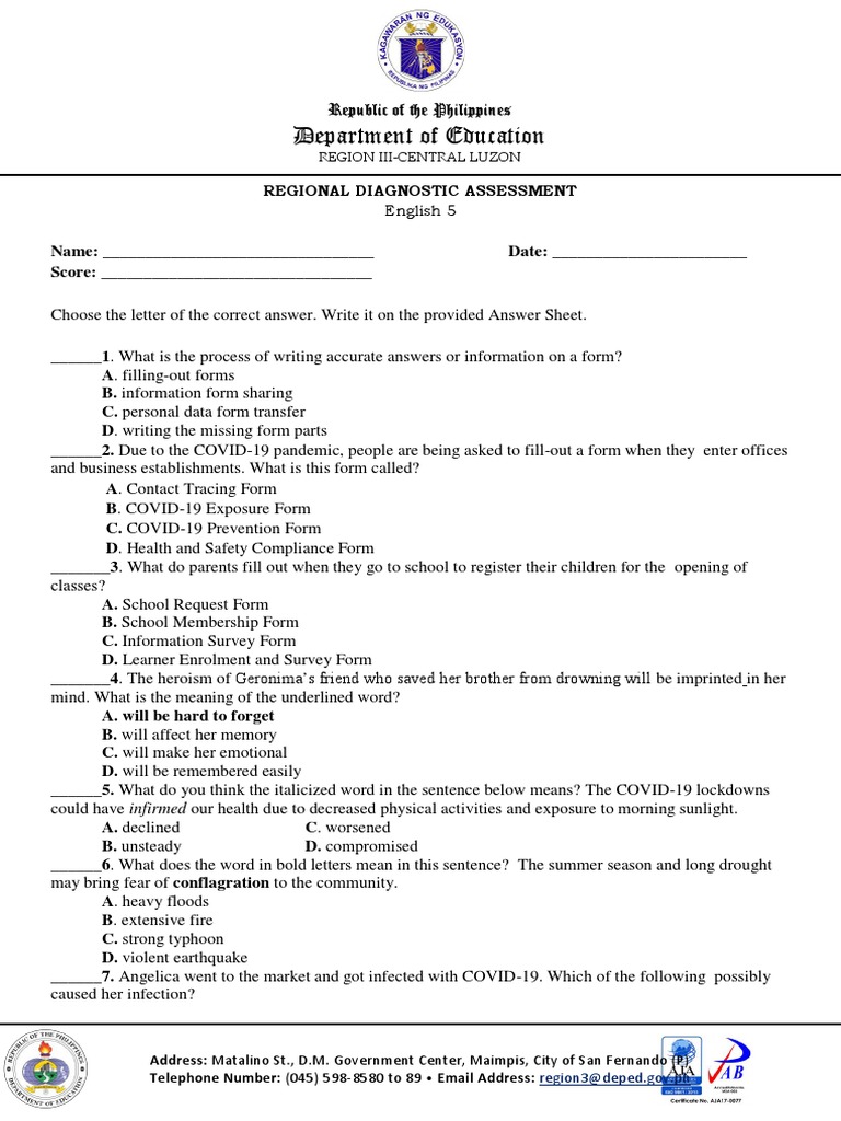 Grade 5 English Diagnostic Test | PDF | Adverb | Adjective