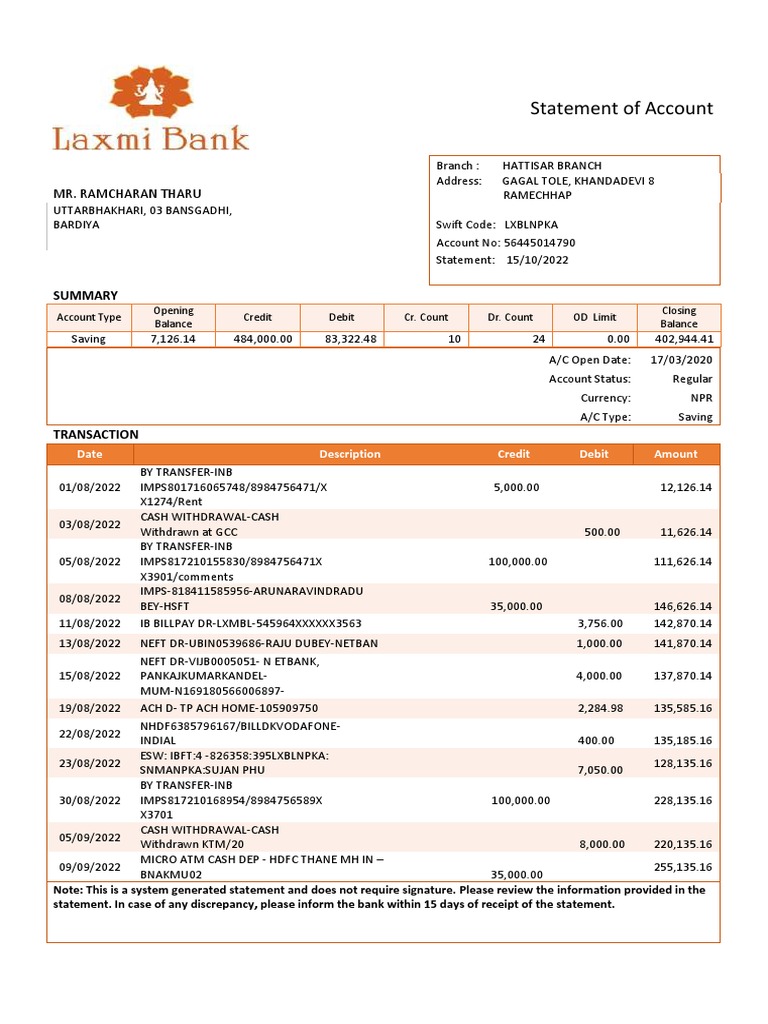 Account Statement Summary | PDF | Debit Card | Automated Teller Machine