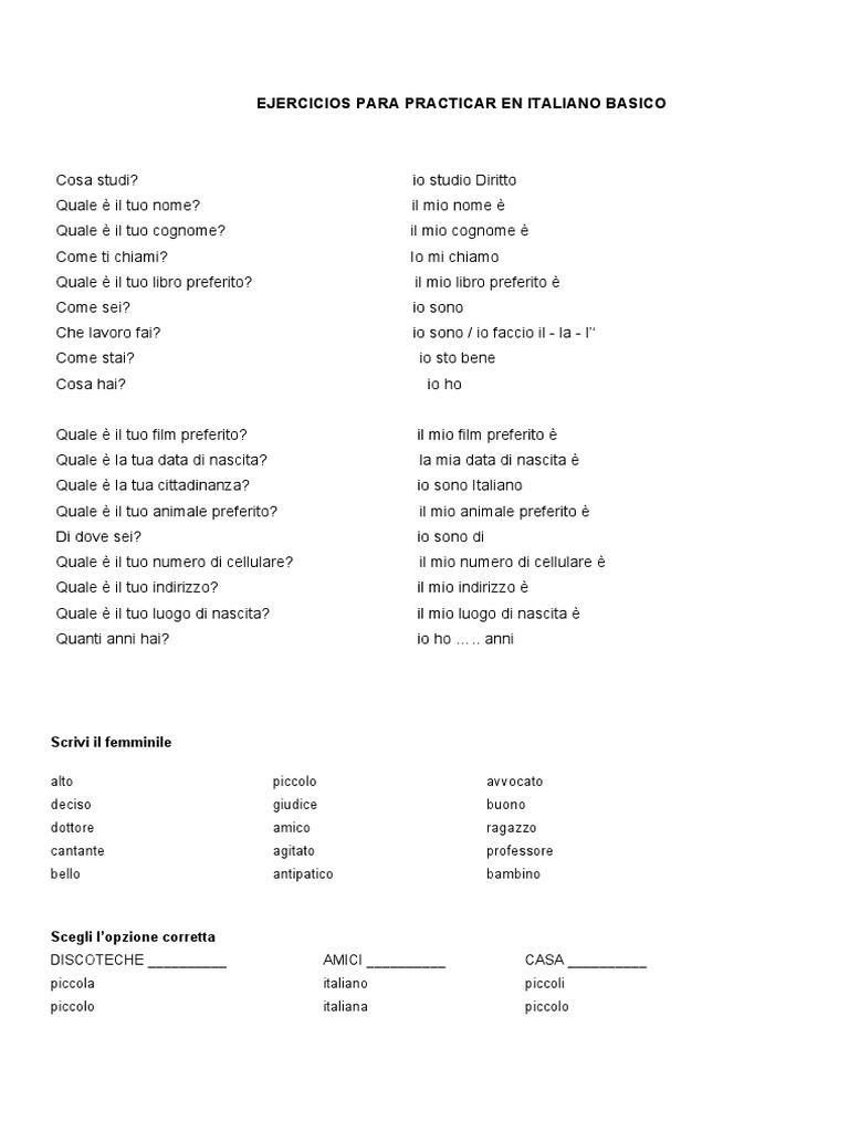 Ejercicios Italiano | PDF