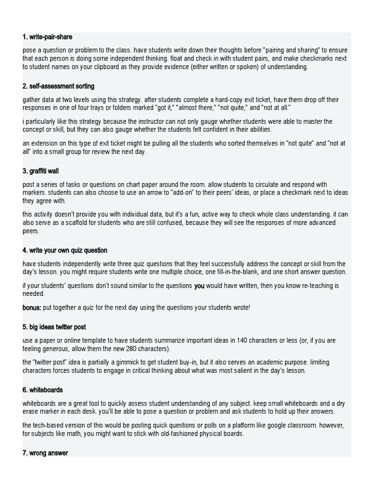 Formative Assessments Sample Activities | PDF | Understanding | Cognition