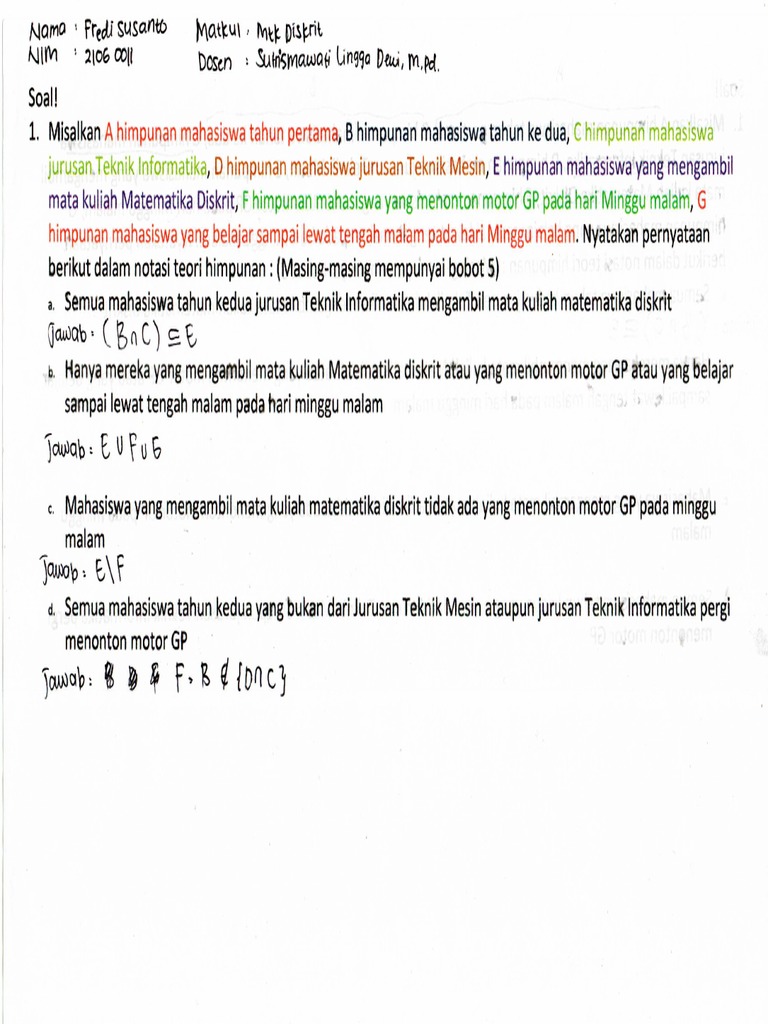 Uts Matematika Diskrit Fredi Susanto - 21060011 | PDF