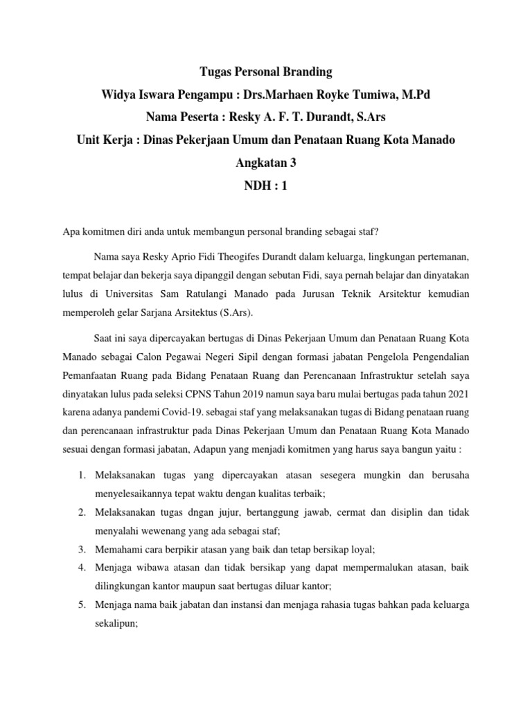 Tugas Personal Branding A.N Resky A. F. T. Durandt, S.Ars Angk.3 NDH 1 | PDF