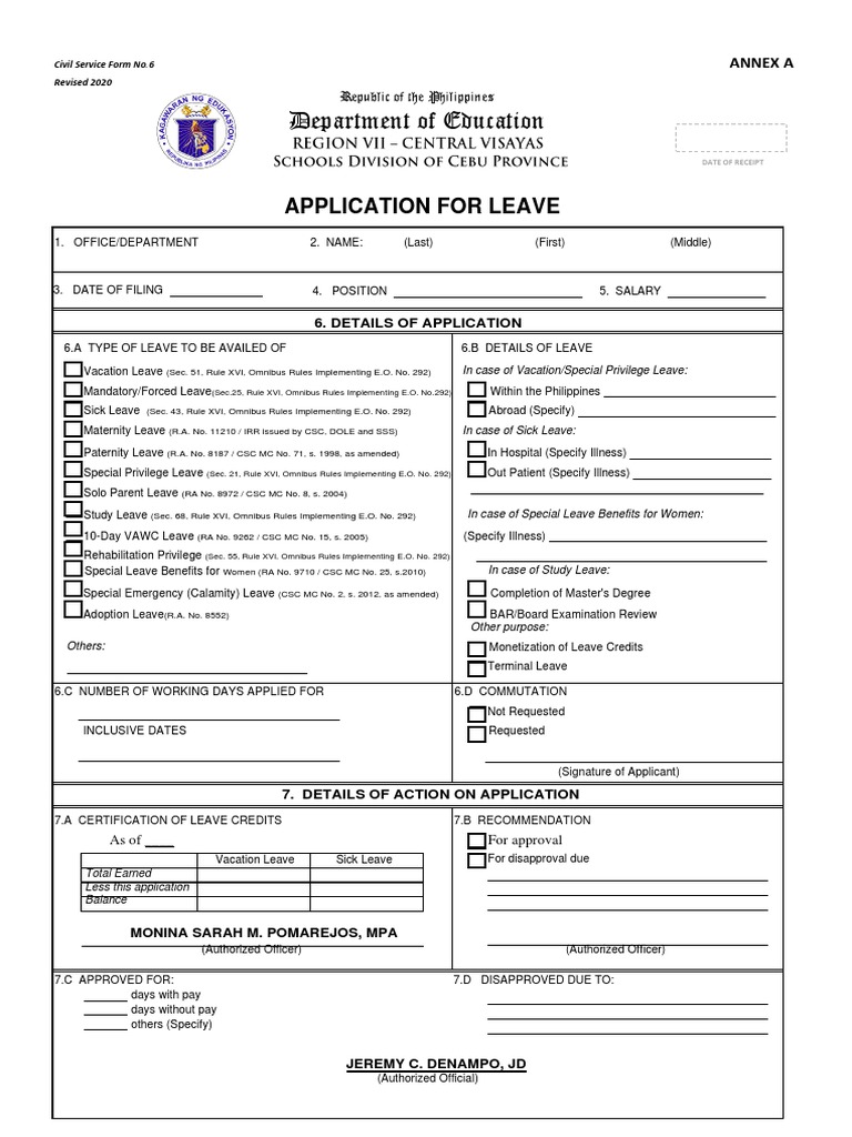 Application For Leave Form 6 | PDF
