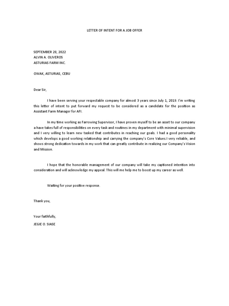 Letter of Intent for Promotion to Assistant Farm Manager | PDF