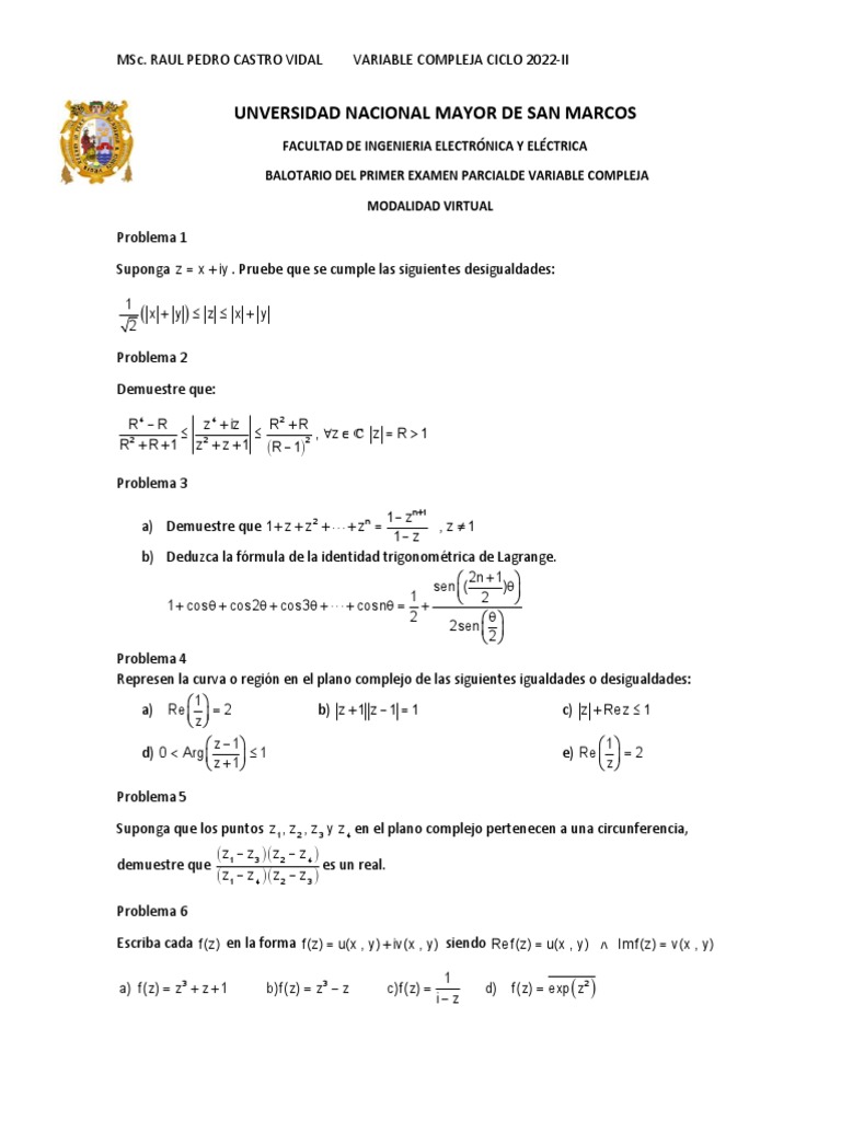 Balotario Primer Examen Parcial - Variable Compleja | PDF | Número complejo | Triángulo