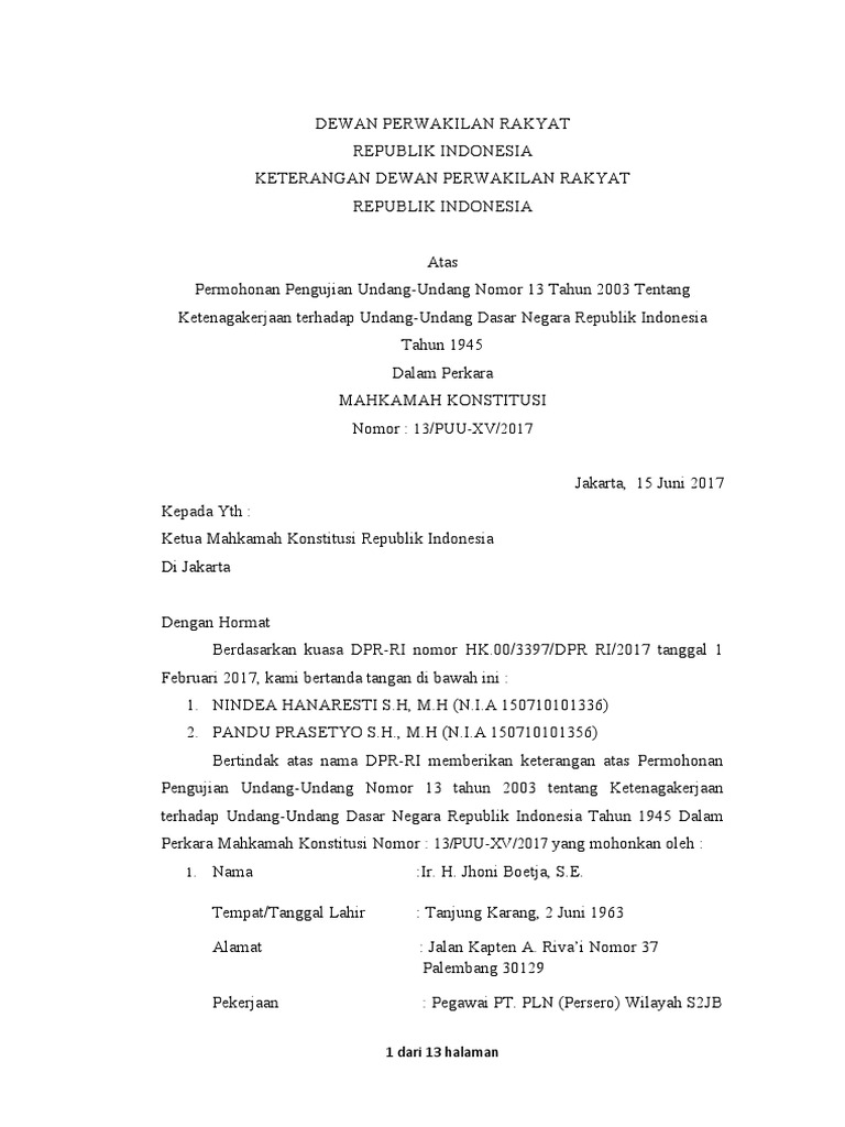 Contoh Kesimpulan DEWAN PERWAKILAN RAKYAT Dalam Sidang MK ...