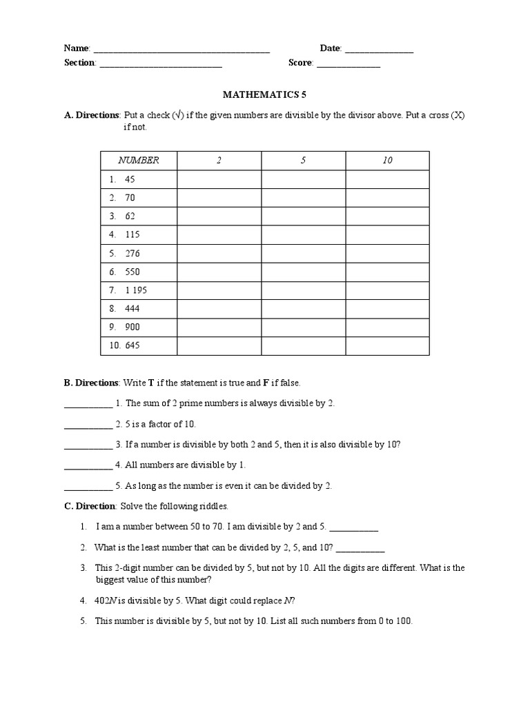 Mathematics 5 Divisibility and Riddles Test | PDF | Prime Number ...
