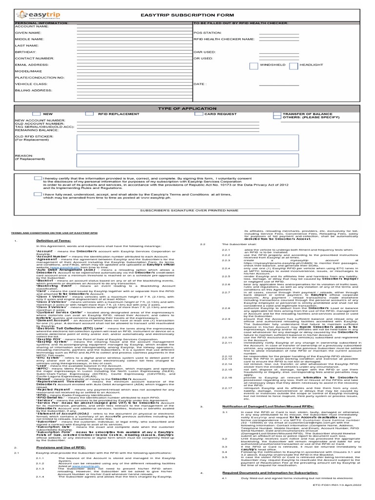 Subscription Form and T&C | PDF | Subscription Business Model | Toll Road