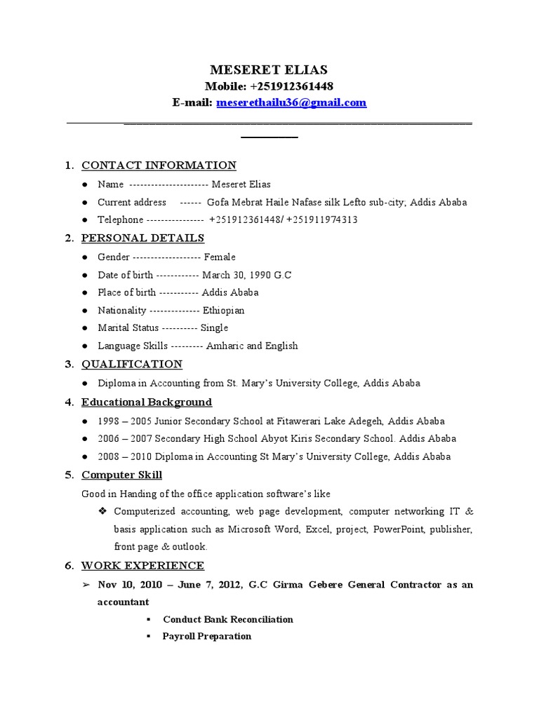 CV Meseret | PDF | Cheque | Service Industries