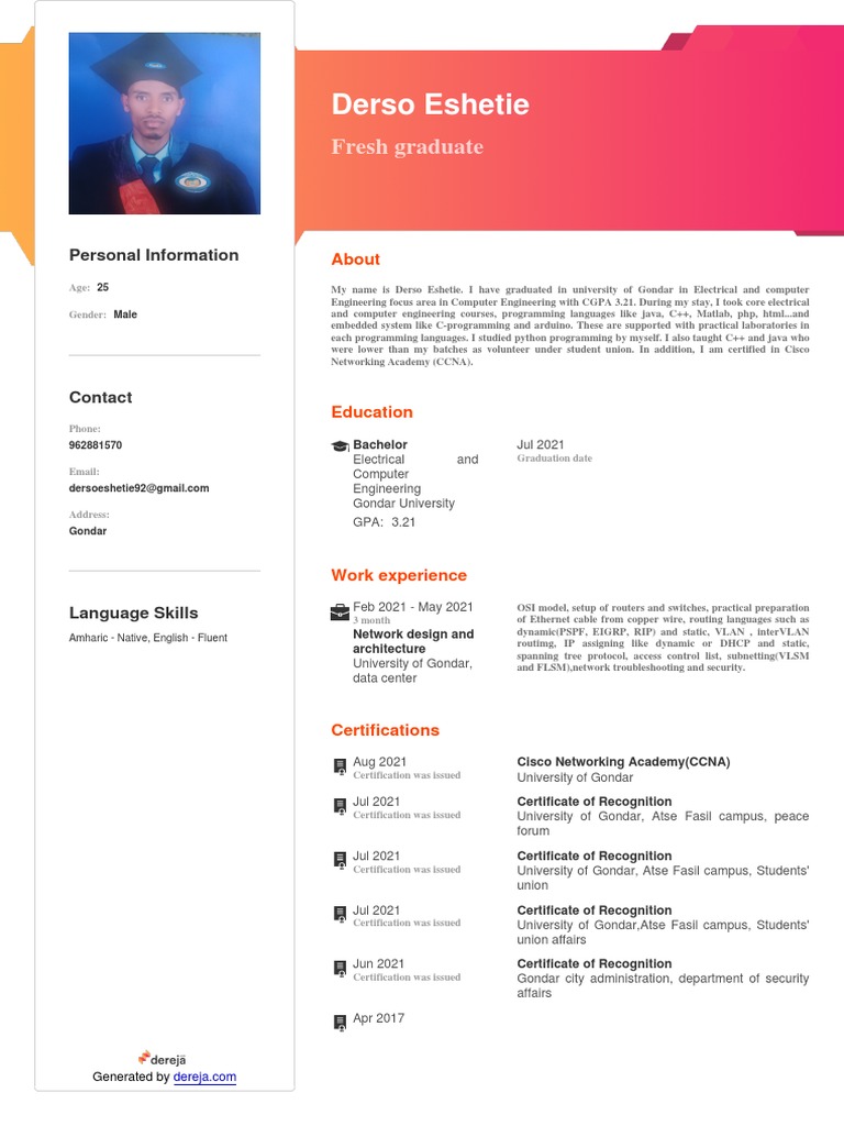 Derso Dereja CV | PDF | Computer Network | Cisco Certifications