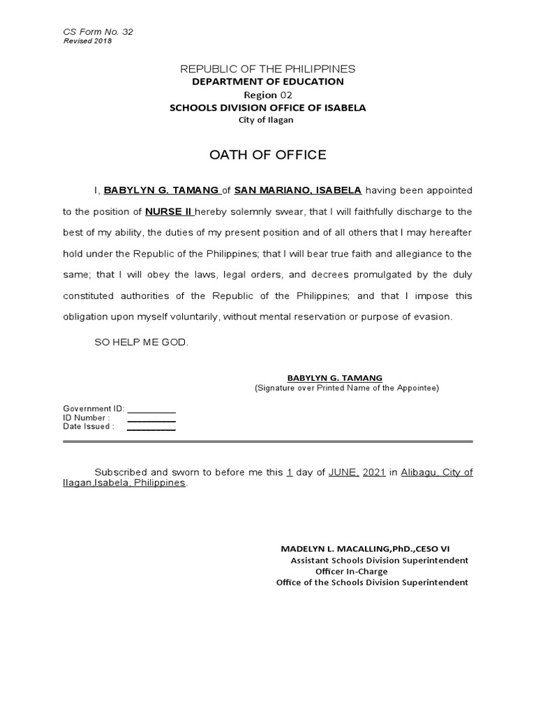 LD 2 6 CS Form No. 32 Oath of Office | PDF | Oath Of Office | Governance