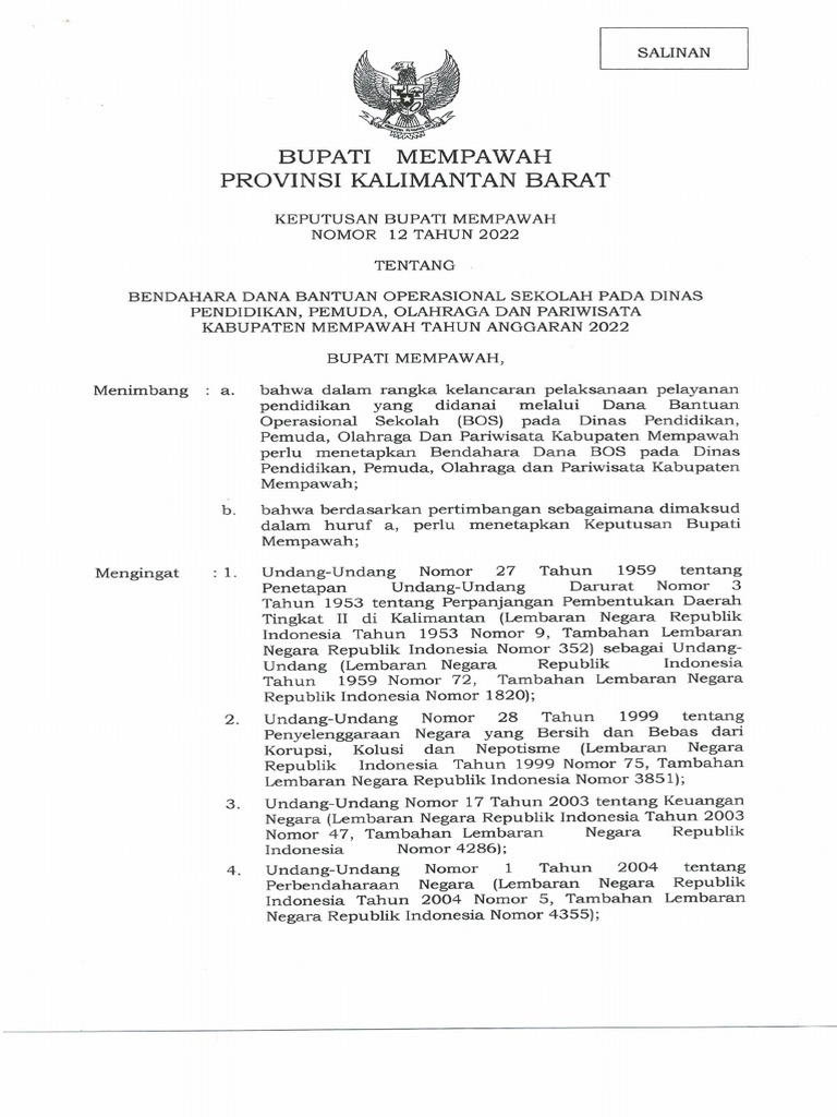 SK Bendahara BOS Tahun 2022 | PDF