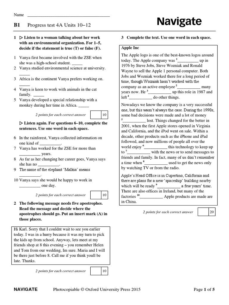 Progress Test 4A (Units 10-12) | PDF