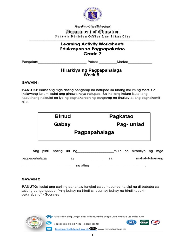 Birtud Pagkatao Gabay Pag-Unlad Pagpapahalaga: Learning Activity ...