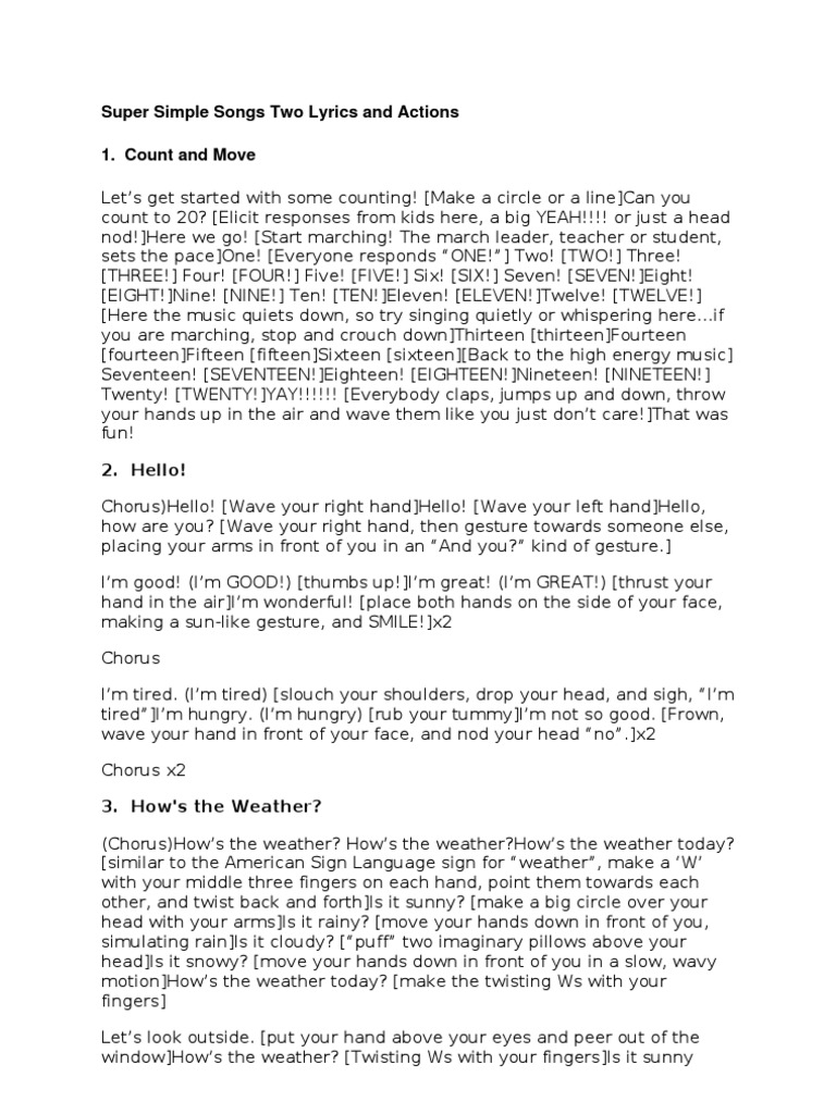 Super Simple Songs Lyrics & Actions | PDF | Scissors | Leisure