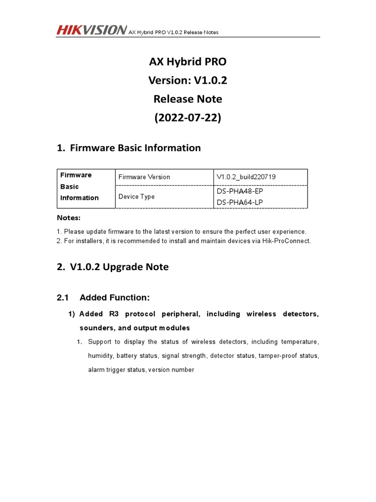 AX Hybrid PRO V1.0.2 Release Notes | PDF | Detector (Radio) | Wireless