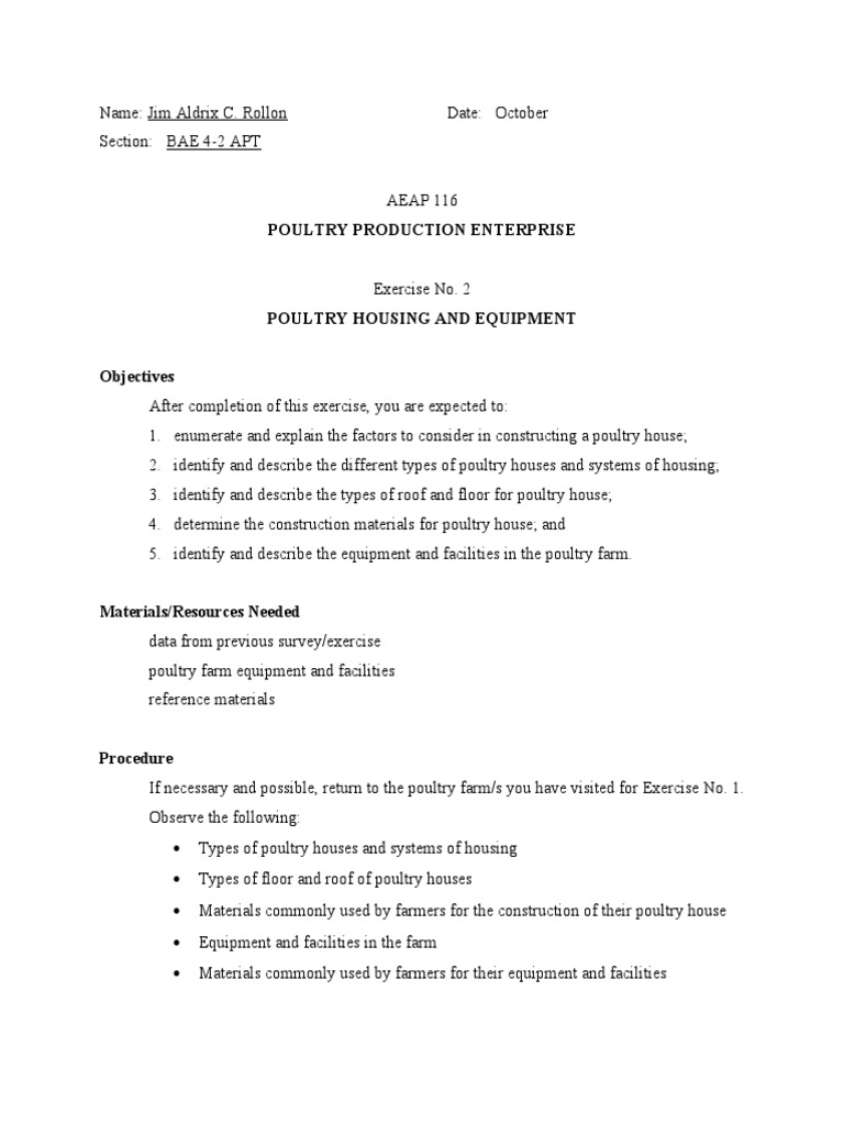 Exercise No. 2 Poultry Housing and Equipment ROLLON | PDF | Poultry ...