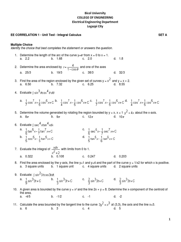 Unit Test Integral Calculus Set A | PDF | Area | Integral