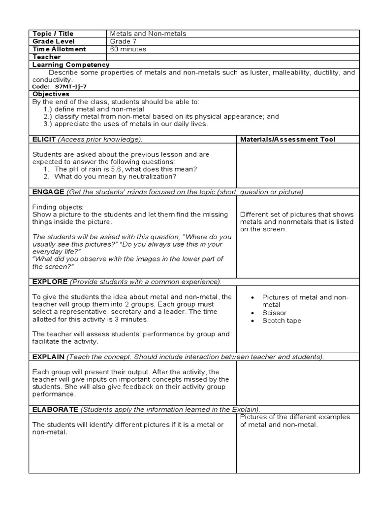 Lesson Plan 7E S Metals and Non Metals | PDF | Teachers | Metals