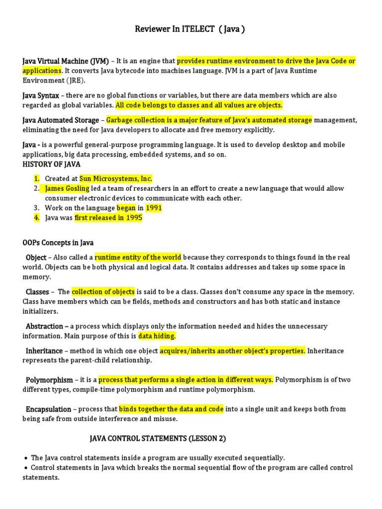Reviewer In Itelect Java Pdf Java Programming Language Class Computer Programming 
