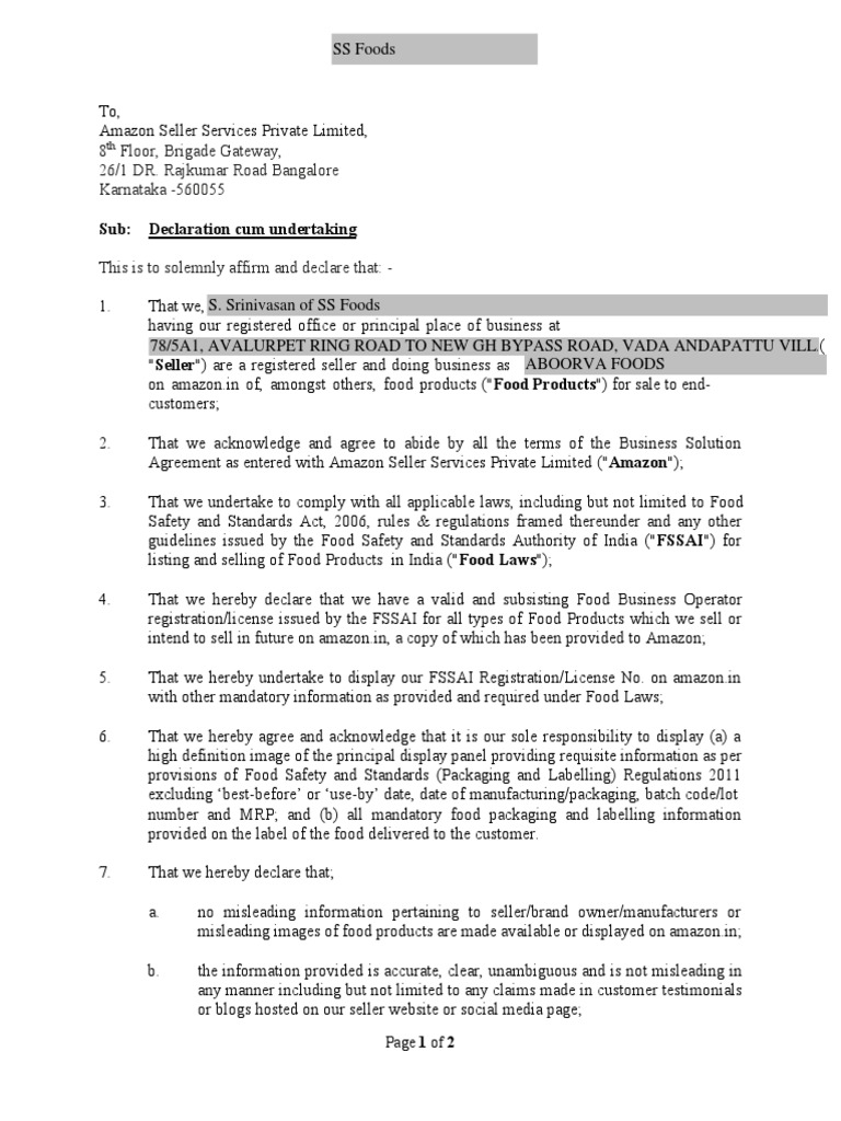 FSSAI Seller Declaration Document. CB1198675309 | PDF | Food Safety | Packaging And Labeling
