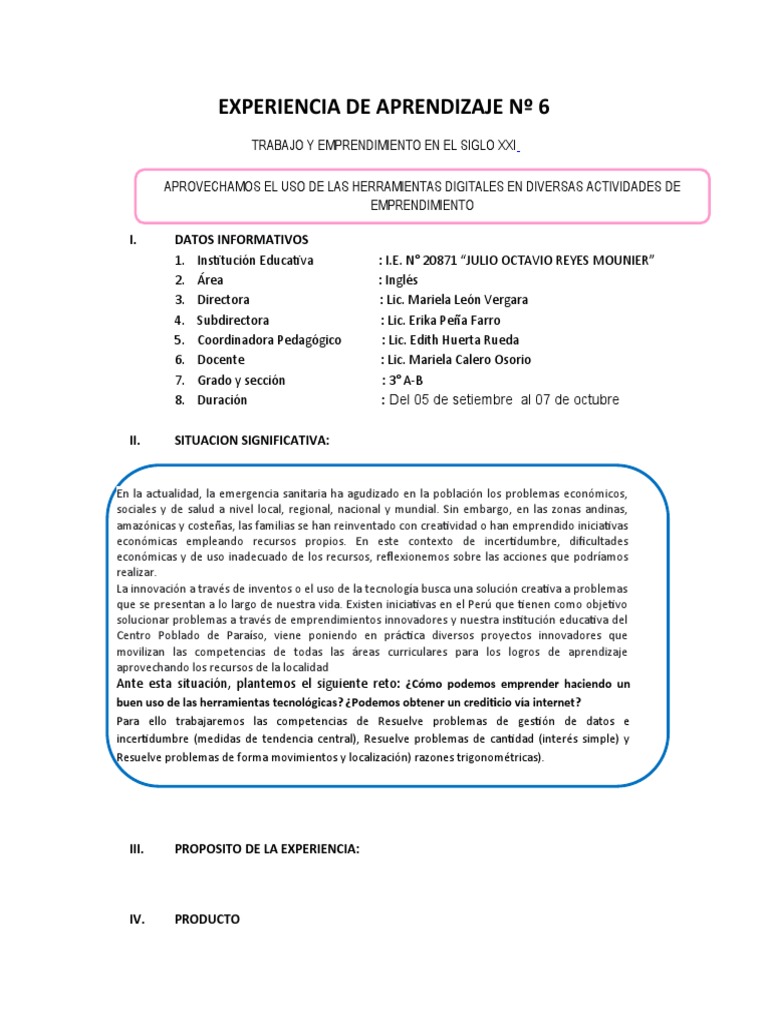 EXPERIENCIA DE APRENDIZAJE 6 - Situación Significativa | PDF | Aprendizaje | Iniciativa empresarial