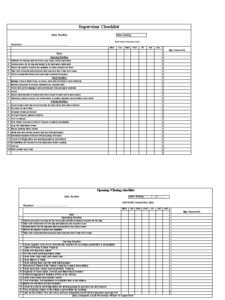Bakery Opening and Closing Checklist | PDF | Baking | Cooking
